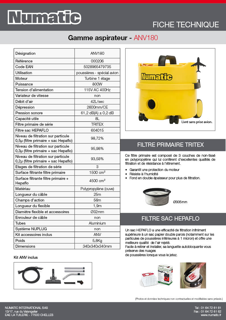 Aspirateur poussières avion ANV180 - Numatic International