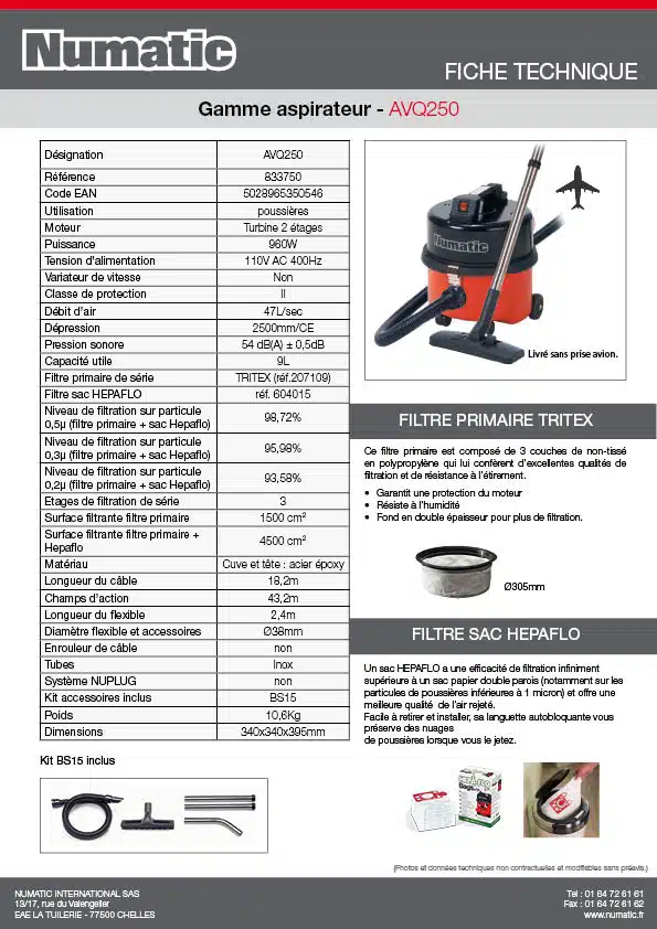 Aspirateur poussières avion AVQ250 - Matériel de nettoyage professionnel - Numatic