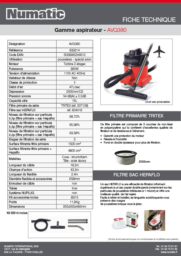 Aspirateur poussières avion AVQ380 - Numatic International
