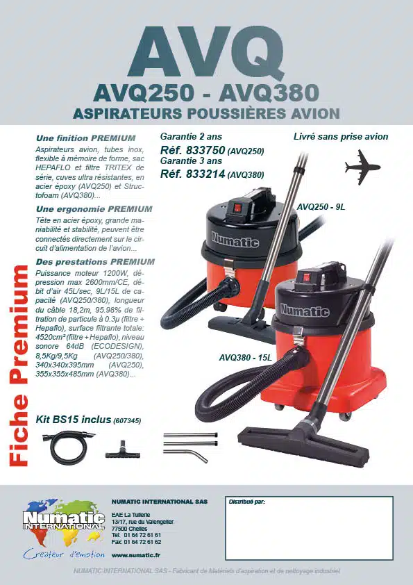 Aspirateur poussières avion AVQ250 - Matériel de nettoyage professionnel - Numatic